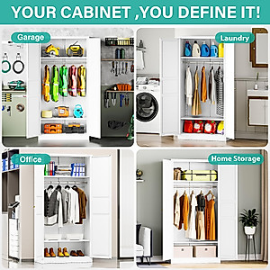 Metal Wardrobe Cabinet with Hanging Rod,White Armoire Wardrobe Closet,Metal Clothing Storage Cabinet with Adjustable Shelves and Doors,72" Wardrobe Storage Cabinet for Home,Living/Laundry Room