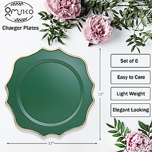 Omuriko Green Chargers for Dinner Plates, 13 Inch Scalloped Plastic Decorative Table Charger Service Plates Set of 6 for Wedding, Holiday, Thanksgivng, Christmas