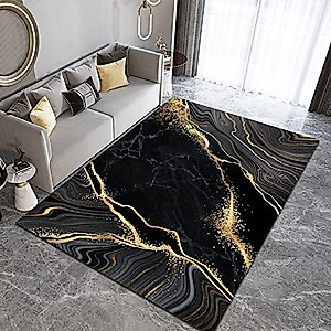 Luxury Black Gold Marble Area Rug, Abstract Night Sky Grey Line Art Indoor Rugs, Non-Slip Machine Washable Carpet for Living Room Bedroom Apartment Home Decor - 3 ft x 2 ft
