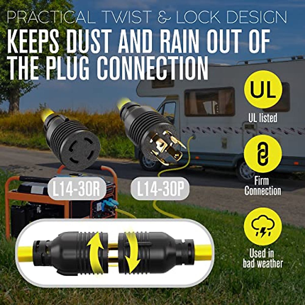 Houseables 30 Amp Generator Cord 4 Prong, Extension Generator Cable, 10 FT, 125-250v, 7500 Watt Max Rating, UL CUL, NEMA L-14-30P, Rubber, 10 Gauge, Heavy Duty, L14-30, Transfer, Twist Lock Power Cord