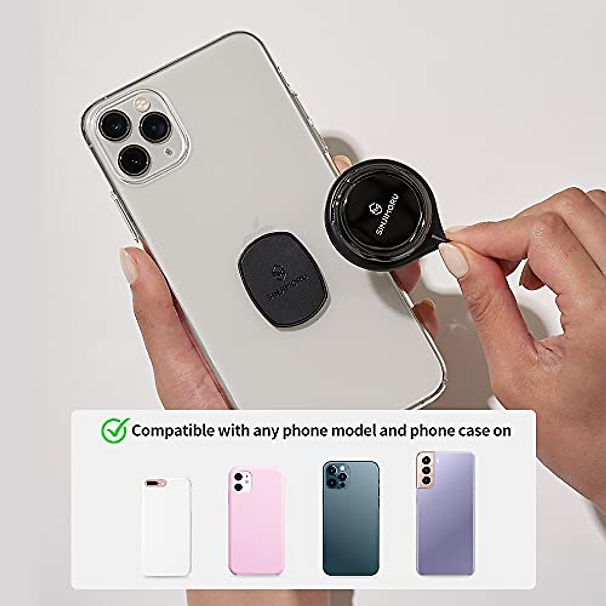 Sinjimoru Detachable Metal Phone Ring Holder Finger Kickstand, 360 Degree Rotation Available Phone Holder for Hand & Phone Grip Stand for iPhone & Galaxy. Sinji Mount Ringo Metallic Black