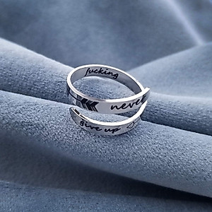 Vrycot Adjustable Stainless steel Silver Never give up Ring Inspirational Opening Stacking Cute Hiphop Bands