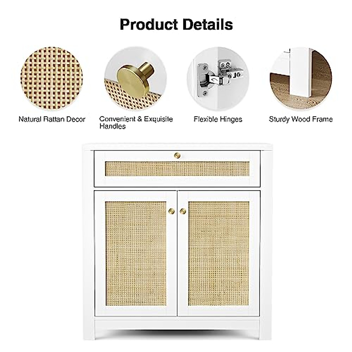 Giluta White Rattan Sideboard Cabinet Kitchen Buffet Cabinet Storage Cabinet with Door and Drawer, Accent Cabinet Freestanding Coffee Cabinet Cupboard Console Table for Dining Room Living Room Hallway