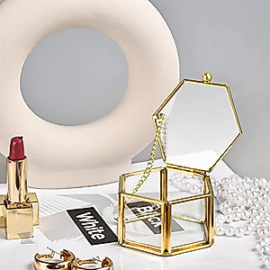 Feyarl Small Gold Glass Jewelry Trinket Tiny Box Ornate Ring Earring Display Box Keepsake Organizer Case Artificial Flower Petals Decorative Box Valentine Wedding Birthday Gift