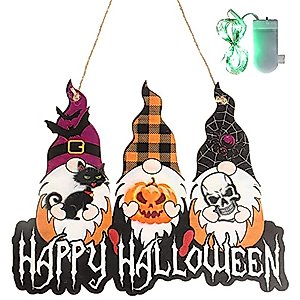 Amyhill Halloween Gnomes Sign Pumpkin Bat Gnome Wooden Plaque with String Lights Happy Halloween Wooden Door Wall Sign with Rope for Yard Indoor Outdoor Garden Decoration, 11.8 x 9.3 Inch