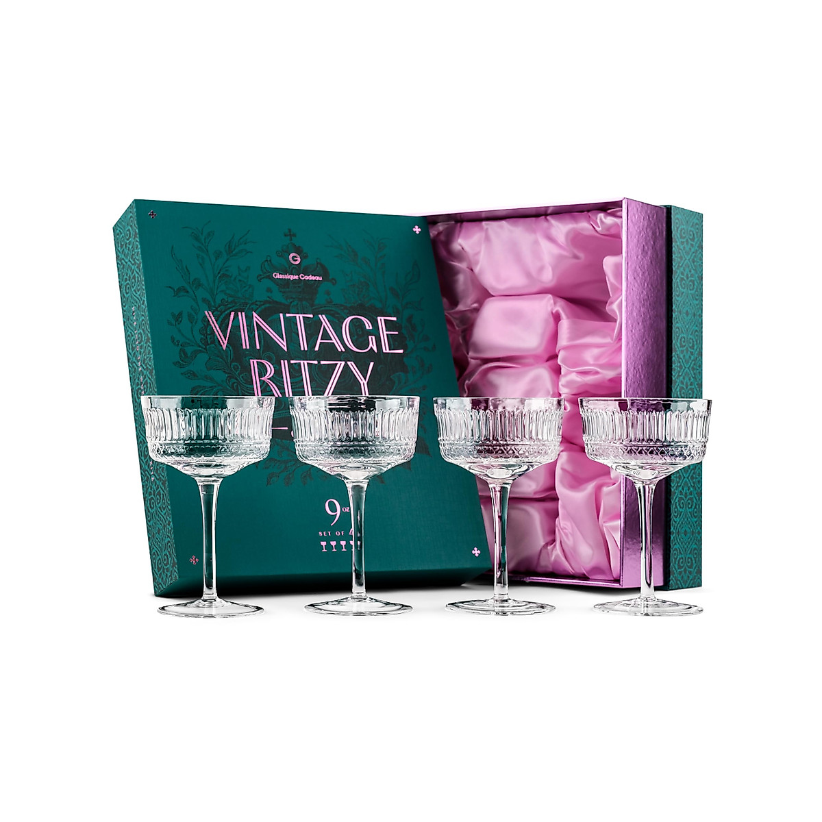 GLASSIQUE CADEAU Vintage Ritzy Cocktail and Champagne Coupe Glasses | Set of 4 | 7 oz Crystal Long Stemmed Glassware for Drinking Martini, Cosmopolitan, Manhattan | Retro Saucers