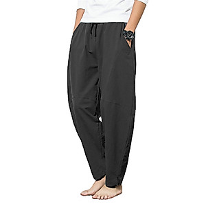 PACEIADTA Men's Cotton Linen Drawstring Pants Elastic Waist Casual Summer Beach Pants (XX-Large, Black)
