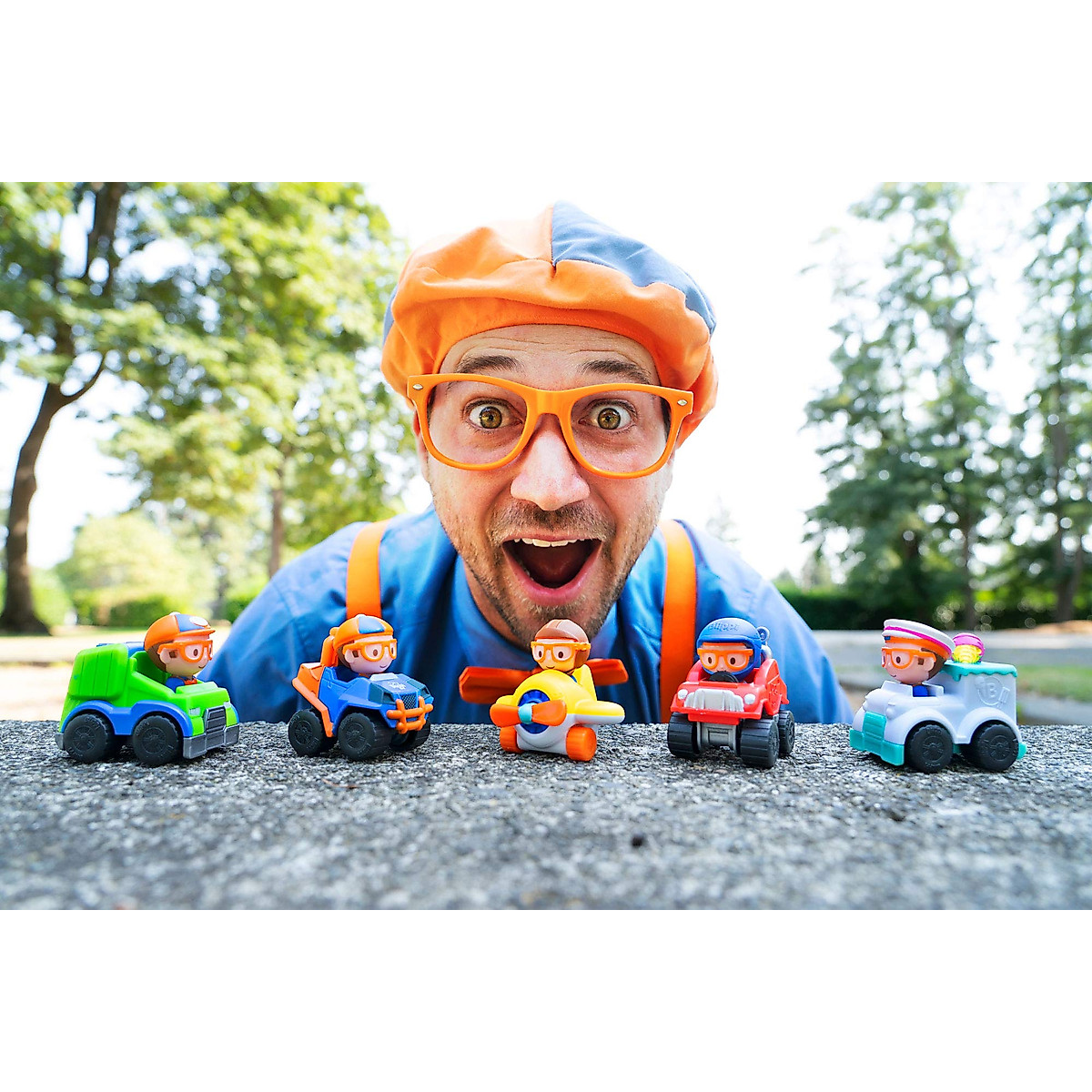 Blippi Mini Mobiles, 5 Pack Mini Vehicles - Features Character Toy Figure In Each Vehicle: Mobile/Car, Monster Truck, Recycle Truck, Ice Cream Truck, and Airplane - Educational Toys for Young Children