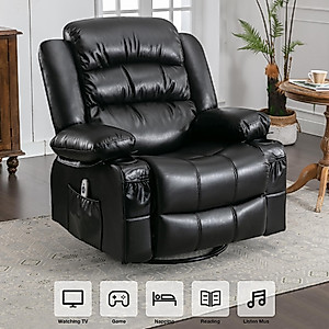 Massage Swivel Rocker Recliner Chair with Vibration Massage and Heat Ergonomic Lounge Chair for Living Room with Rocking Function and Side Pocket 2 Cup Holders USB Charge Port (Black)