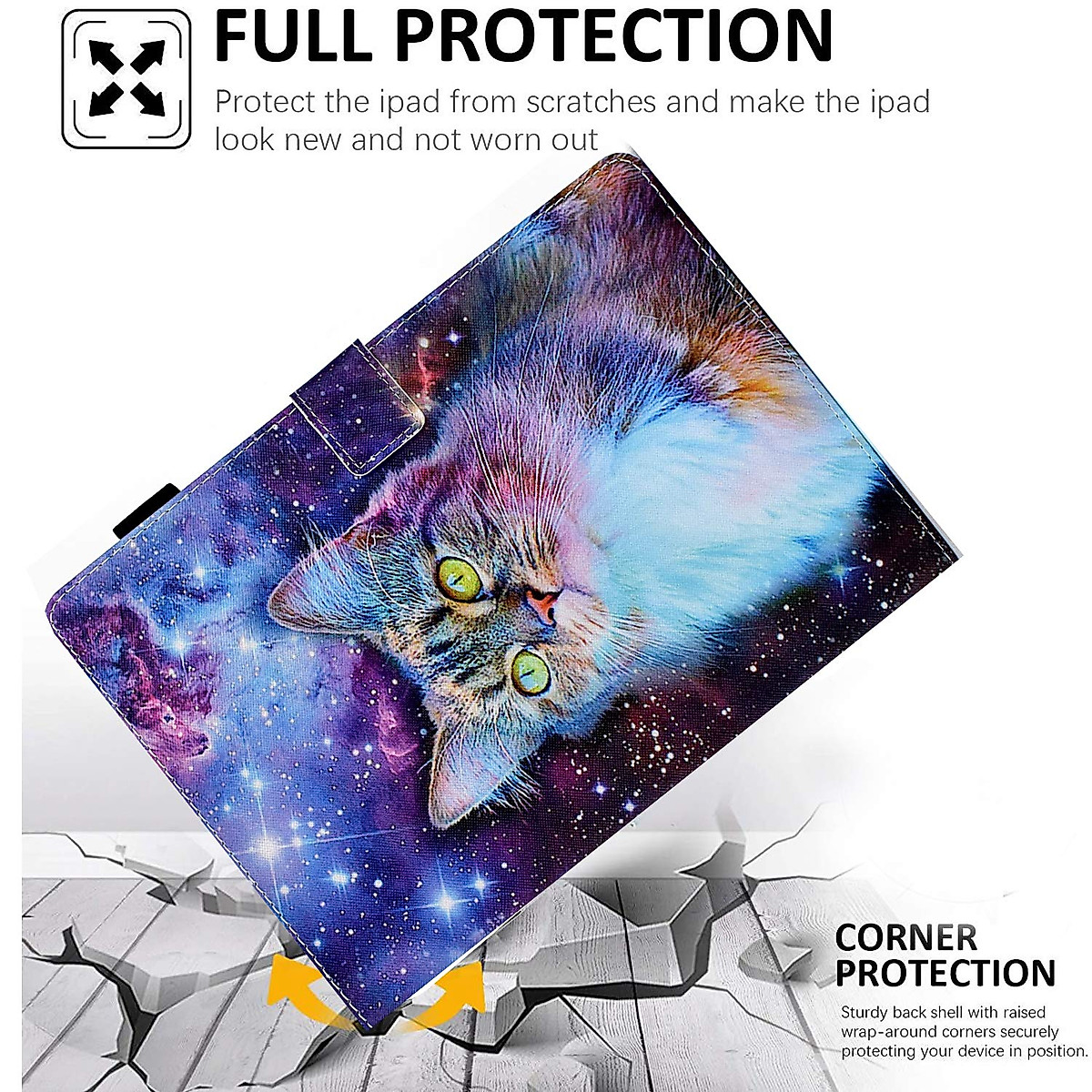 KEROM Case for iPad 9.7 inch (Fits iPad 6th/5th Generation 2018/2017, Also Fits iPad Pro 9.7 and iPad Air 2/1), Premium PU Leather Smart Folio Stand Cover with Auto Sleep Wake, Space Cat