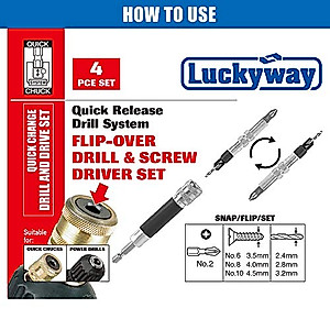 Luckyway 4-Piece Quick Change Drill and Drive Set Including 1pc 15/64 inch(#6), 1pc 5/16 inch(#8), 1pc 3/8 inch(#10) Wood Countersink Drill Bit and 1pc Quick Change Drill Flip Drive Unit