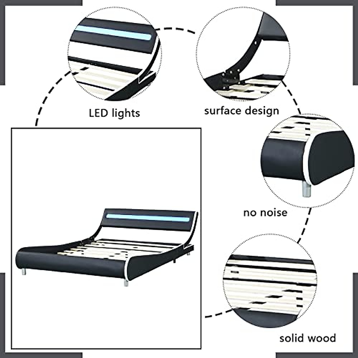Queen Size Faux Leather Upholstered Platform Bed Frame with LED Lighting, Curve Design, Wood Slat Support, No Box Spring Required, Simple Assembly for Boys Girls Teenagers and Adults, Black+White