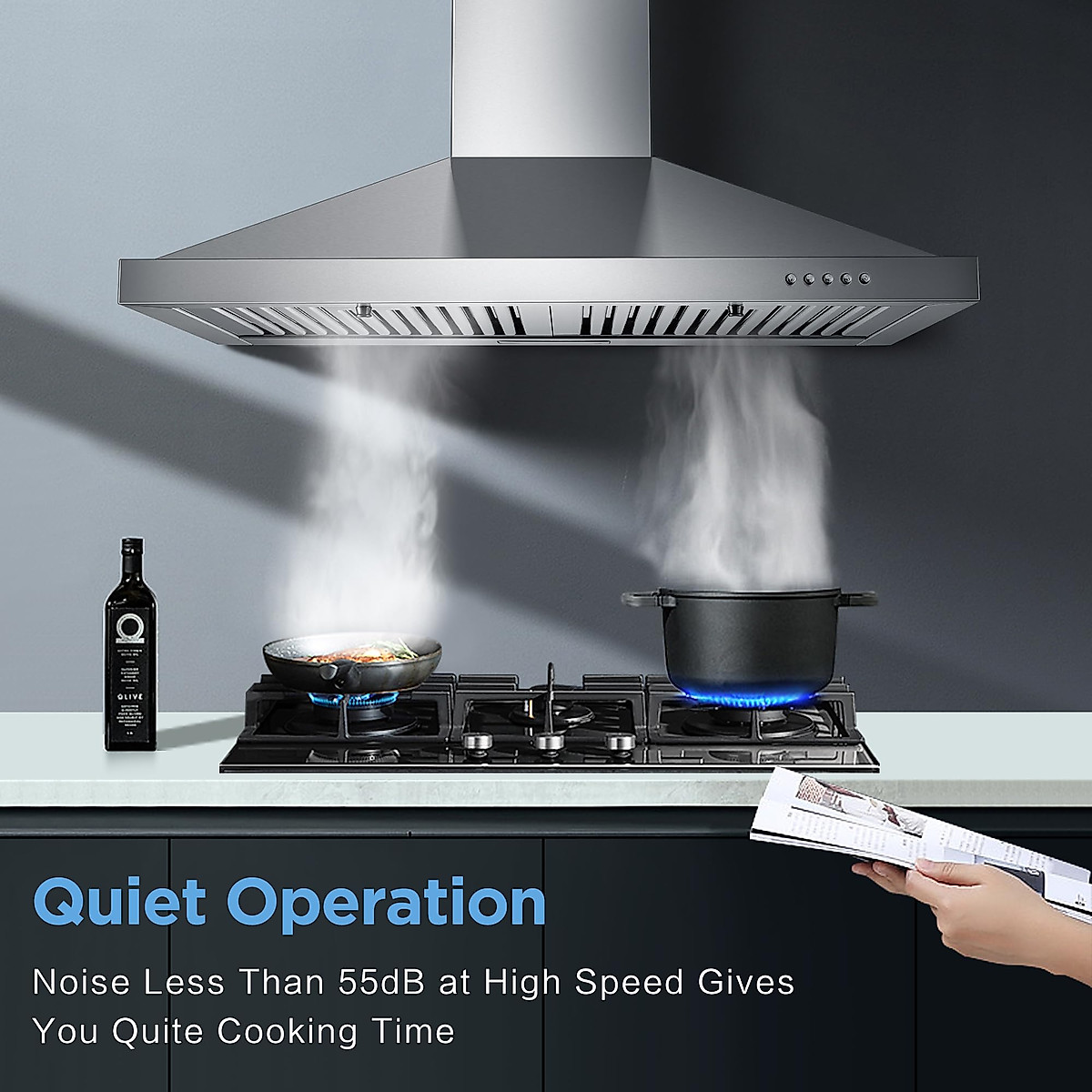 Zomagas 24 Inch Range Hood, Wall Mount Vent Hood in Stainless Steel with Ducted/Ductless Convertible Duct, 3 Speed Exhaust Fan, Energy Saving LED Light, Push Button Control, 2 Pcs Baffle Filters