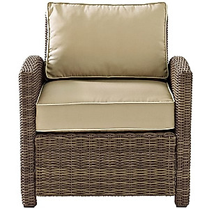 Crosley Furniture KO70023WB-SA Bradenton Outdoor Wicker Armchair Patio Chair for Porch, Balcony, Back Yard, Brown with Neutral Sand Cushions