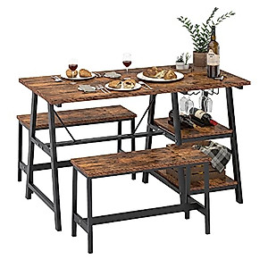 Wellynap Dining Table Set 3 Piece Kitchen Table Set, 47.2” Breakfast Table Set with 2 Benches, Lunch Table with Wine Rack and Glass Holder for Kitchen, Retro