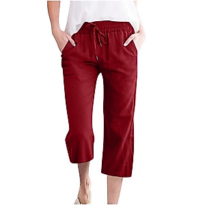 Womens Capris for Summer Capri Pants Casual 2023 Summer Drawstring Elastic High Waist Linen Pant Straight Wide Leg Cropped Trouser