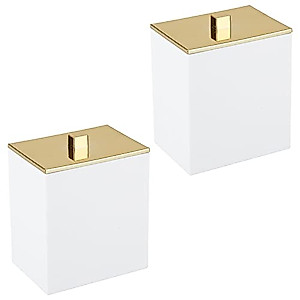 mDesign Plastic Rectangle Apothecary Canister - Organizer for Bathroom Vanity Countertop Shelf Decor - Holds Cotton Swabs, Soap, Makeup, Bath Salts - Lumiere Collection - 2 Pack - White/Soft Brass