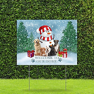 Garden Lawn Sign Christmas Welcome to Our Home Dogs and Snowman Corrugated Yard Sign Quotes Holiday Snowman for Garage Sales Rent Open House Construction 12"x18"