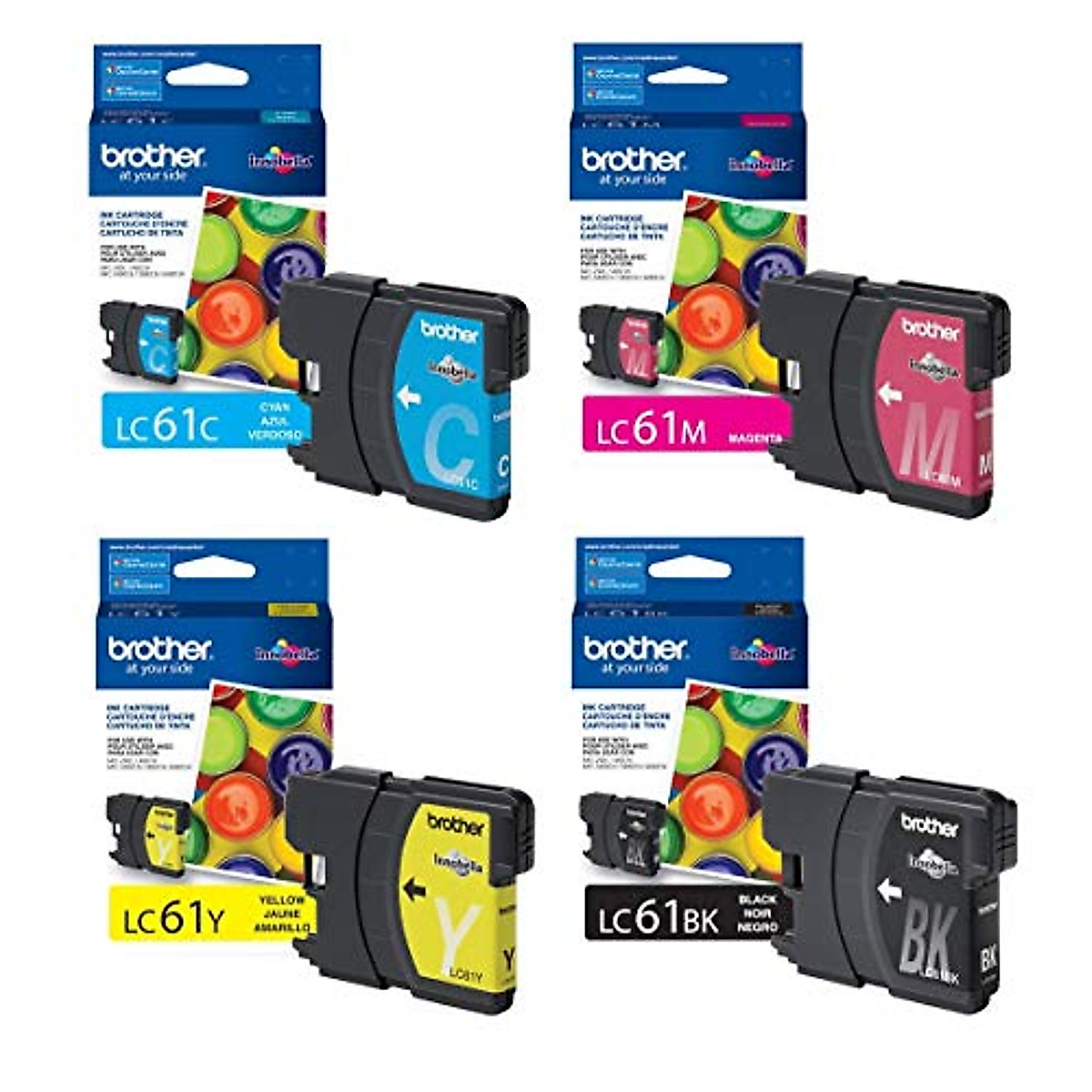 Brother Genuine 4-Color LC61 Cyan Magenta Yellow and Black Ink Cartridge Set, LC61BK, LC61C, LC61M, LC61Y