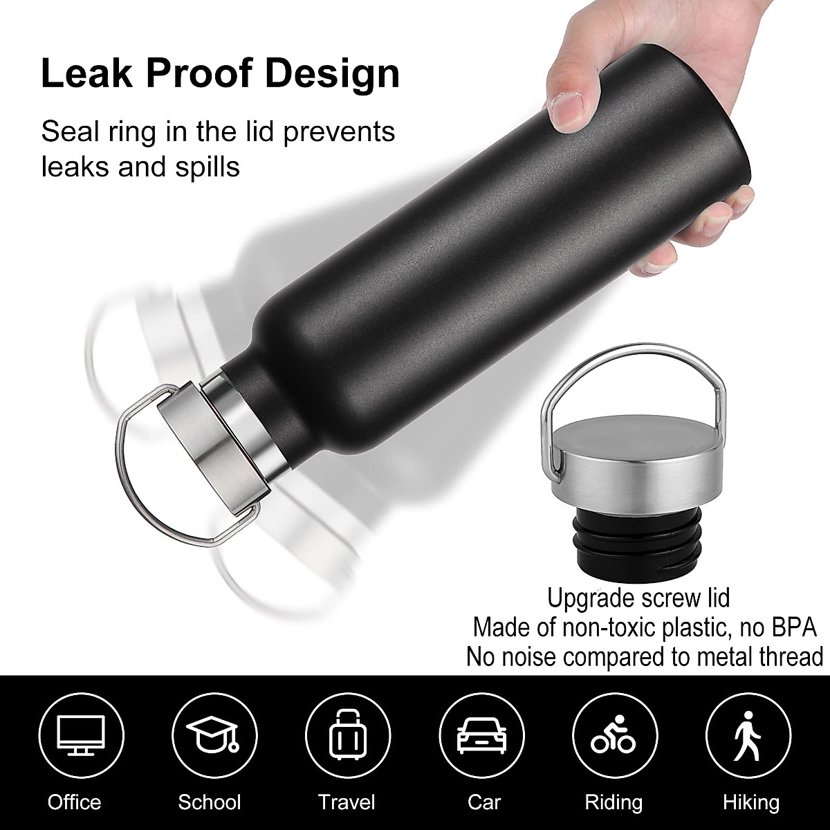 Neihepal Insulated Water Bottles Bulk 16 Pack,Stainless Steel Double Wall Sport Bottle with Lid of Handle,Metal Reusable Thermoses Flask with Cup Cap for School,Hikers,Gift (Black,Set of 16)