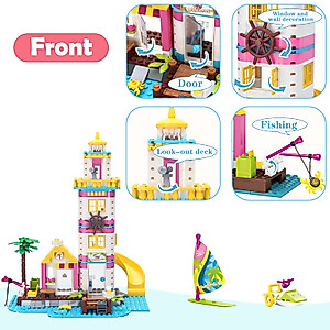 Tblicked Girls Friends Lighthouse Building Toys, Seaside Villa Building Sets 412 Pieces, Beach Fun with Friends Fishing Surfing, Summer Holiday Island Adventures Play Set Gift for Kids Aged 6-12