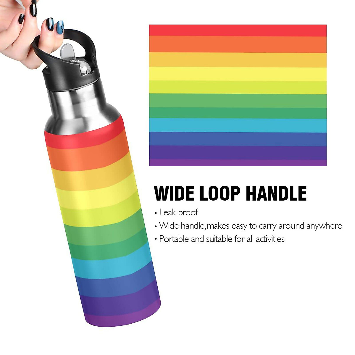 Kigai Rainbow Striped Insulated Water Bottle 22oz Stainless Steel Vacuum Cup with Straw Lid Leakproof Thermal Bottles for Sport Keep Cold/Warm
