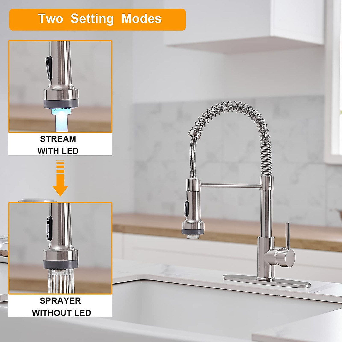 Hoimpro Brushed Nickel Single Handle Kitchen Faucet with Pull Down Sprayer, 2-Function, 360-degree Rotation, Brass, Single or 3 Hole