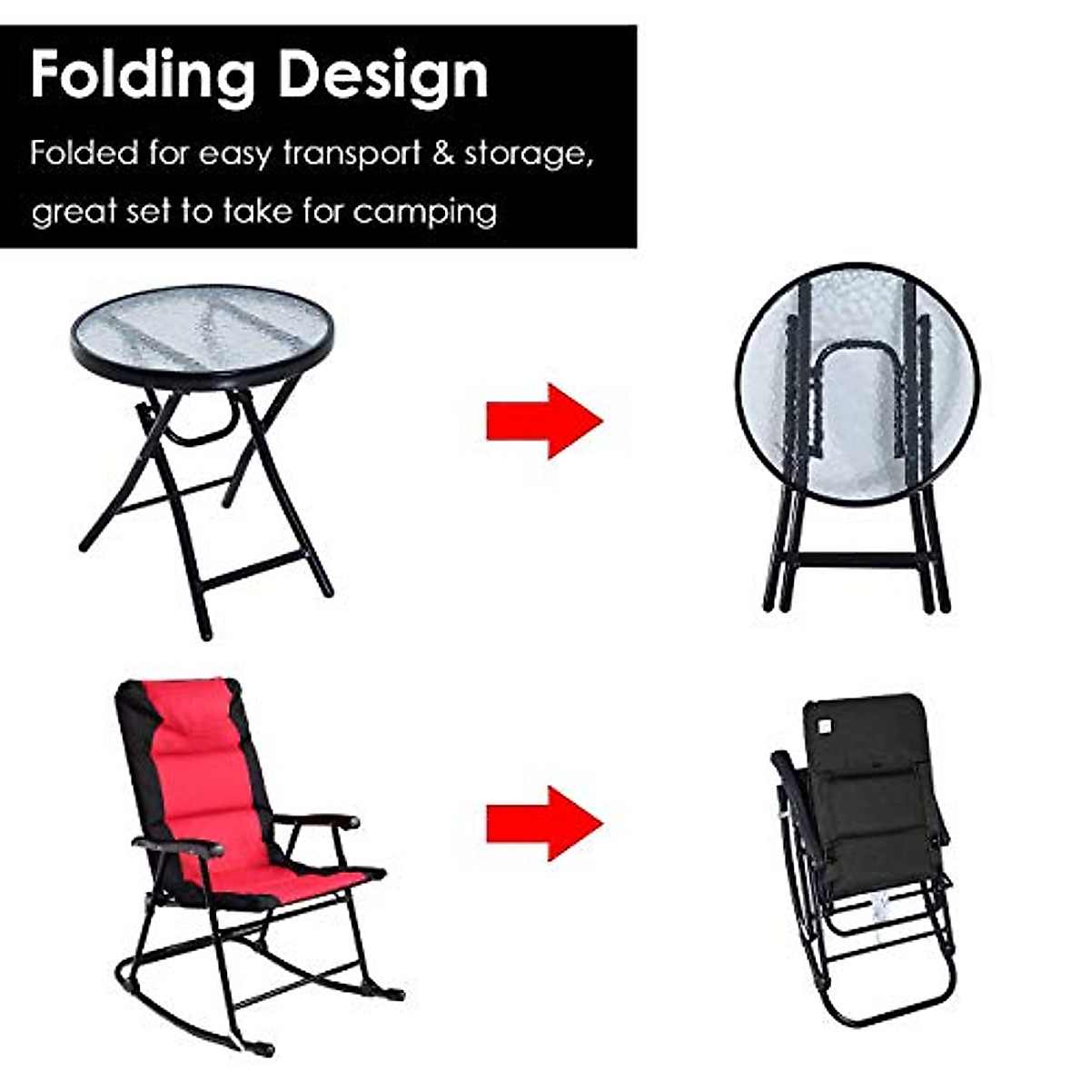 Giantex 3 PCS Folding Bistro Set Outdoor Patio Rocking Chairs Round Table Set 2 Rocking Chairs w/Glass Coffee Table for Yard, Patio, Deck, Backyard Padded Seat (Red & Black)