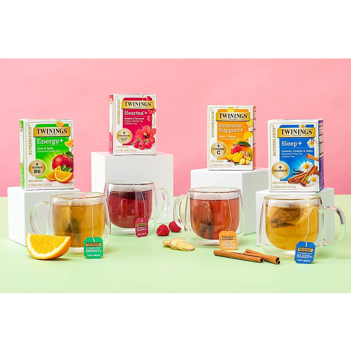 Twinings Superblends Immune Support+ Herbal Tea with Vitamin C, Ginger & Mango Flavoured Green Tea, 16 Tea Bags (Pack of 6), Enjoy Hot or Iced