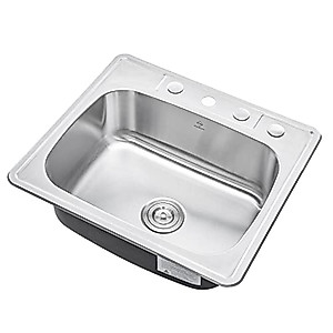 CozyBlock 25 x 22 x 9 Inch Top-mount/Drop-in Stainless Steel Single Bowl Kitchen Sink with Strainer - 18 Gauge Stainless Steel-4 Faucet Hole