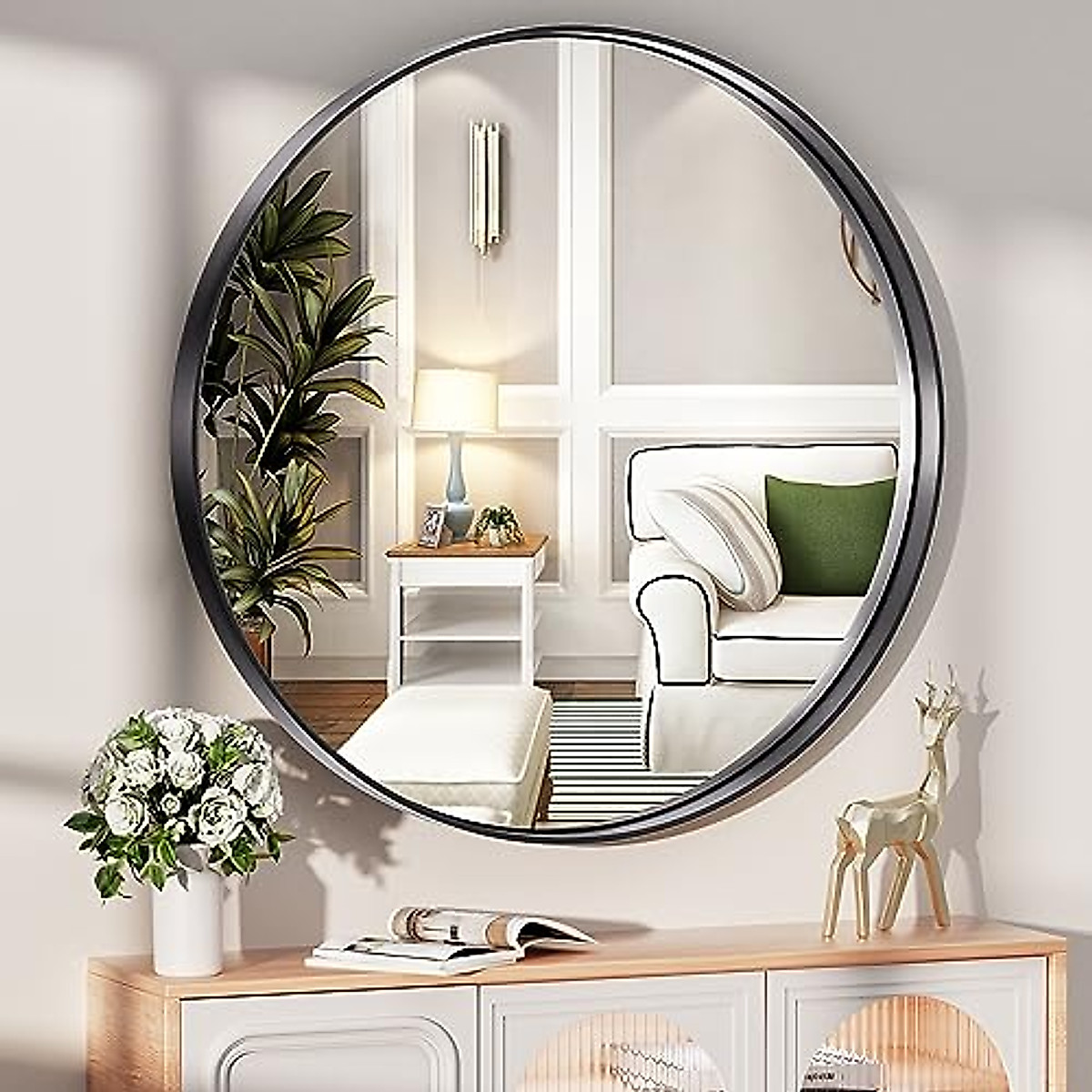 Hasipu 20×20 Inch Wall Mirror for Bathroom, Round Black Metal Frame Bathroom Mirrors, Modern Wall Mounted Vanity Mirror for Bathroom