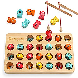Coogam Wooden Magnetic Fishing Game, Fine Motor Skill Toy ABC Alphabet Color Sorting Puzzle, Montessori Letters Cognition Preschool Gift for Years Old Kid Early Learning with 2 Pole