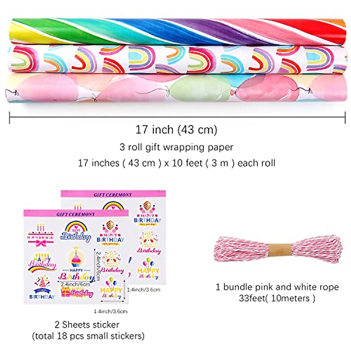 Gift Wrapping Paper Rolls, Pink Colorful Wrapping Paper Rolls Birthday Girls Women, Rainbow Balloon Wrapping Paper Bundle Rolls for Birthday Bridal Baby Shower Wedding, 3 Rolls-17x118inch Per Roll