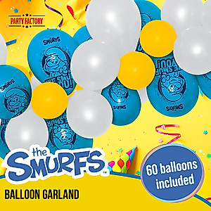 Party Factory `Smurfs' balloon garland of 60 white, blue and yellow latex balloons, 9.8 and 4.7 inch, 157.4 inch balloon ribbon included