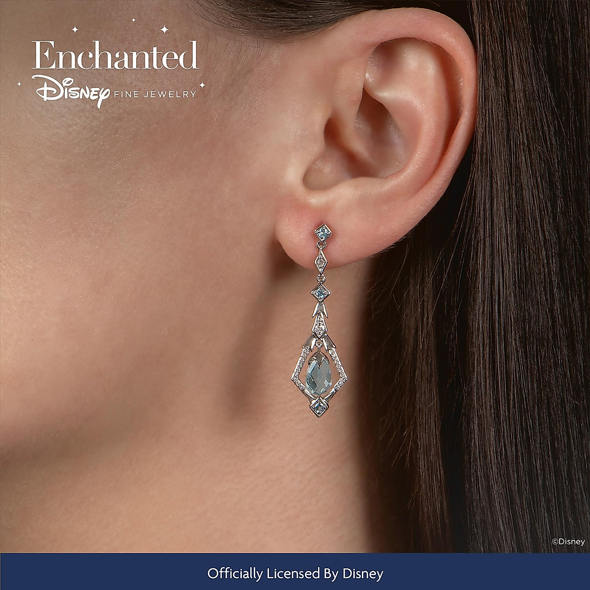 Jewelili Enchanted Disney Fine Jewelry Sterling Silver with 1/8 CTTW Diamonds and Swiss Blue Topaz Elsa Dangling Earrings