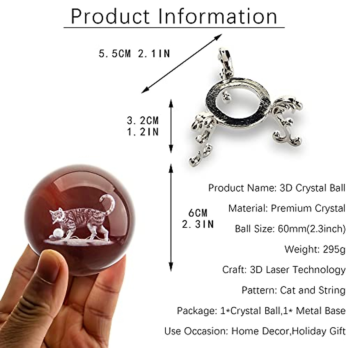HDCRYSTALGIFTS 3D Crystal Ball with Silver-Plated Flowering Stand 2.4inch Laser Engraved Crystal Decorative Ball Glass Sphere for Home Decor Gift (Cat and String)