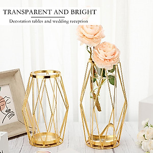 Lallisa 8 Pcs Gold Flower Vase Glass Vase Metal Geometric Vase Geometric Centerpiece with Glass Tall Geometric Candleholders for Candle Rose Table Wedding Living Room Decorations, 9.45 Inch, 7.87 Inch