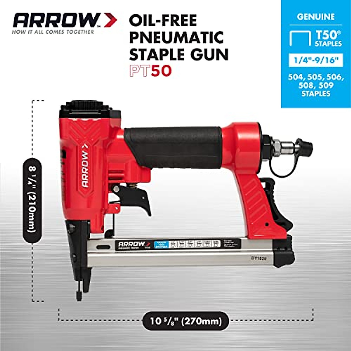 Arrow PT50 Oil-Free Pneumatic Staple Gun, Professional Heavy-Duty Stapler for Wood, Upholstery, Carpet, Wire Fencing, Fits 1/4”, 5/16”, 3/8", 1/2", 9/16” Staples , Red