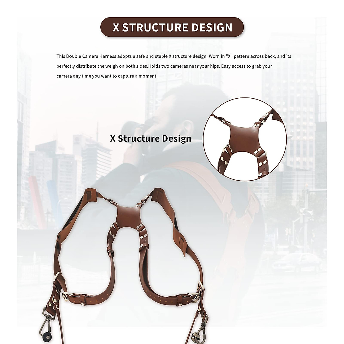 Double Camera Strap,Camera Shoulder Strap for Two Cameras,Adjustable Leather Double Camera Harness Brown