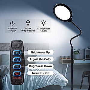 LED Floor Lamp, 12W Dimmable Standing Pole Reading Lamp 10 Brightness Levels&3 Color Temperature, Bright Gooseneck Adjustable Black Floor Lights, 800LM LED Task Lighting for Living Room Bedroom Office