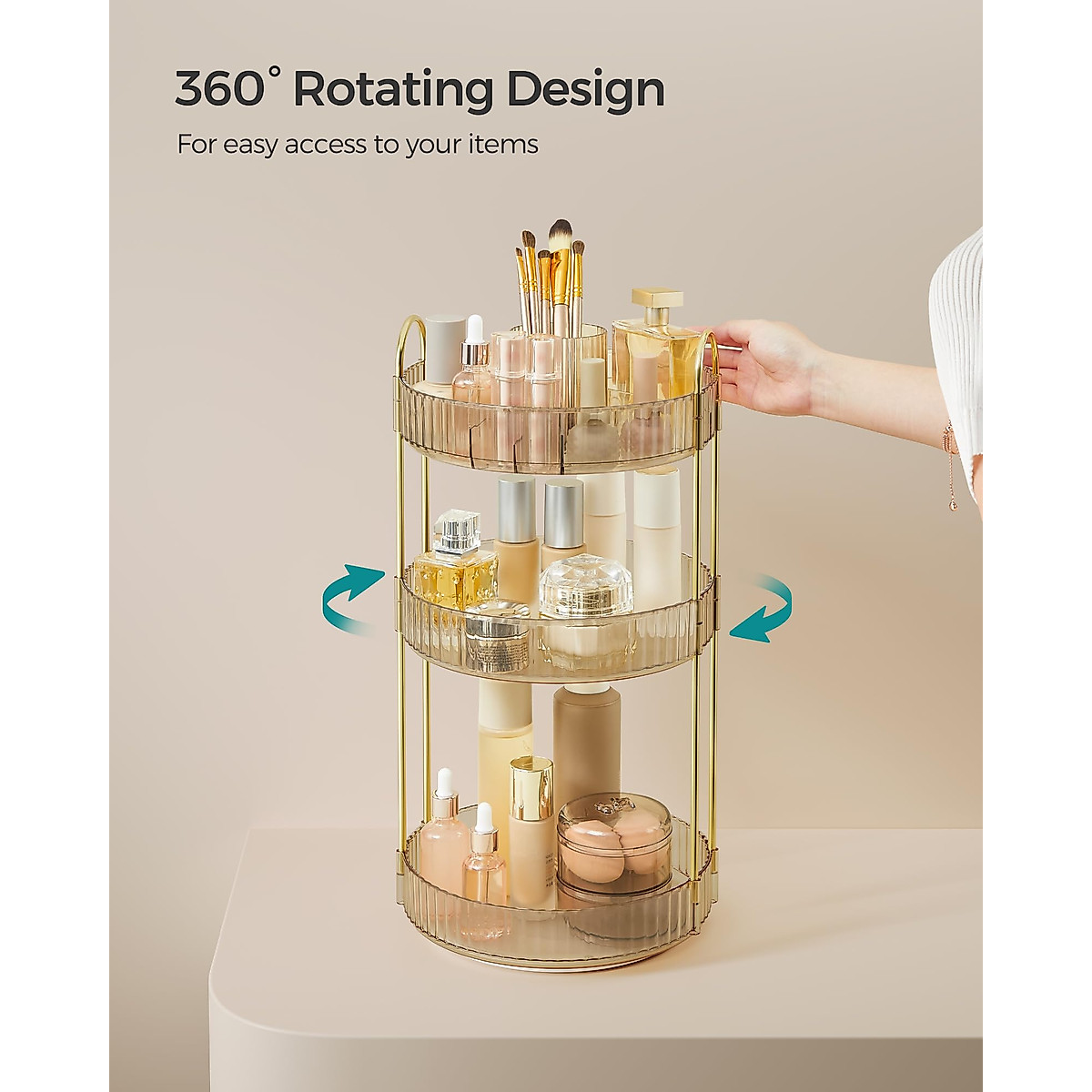 SONGMICS Makeup Organizer, 3-Tier Round Rotating Skincare Organizer Countertop, Customizable, Toiletries Vanity Organizer, Lazy Susan, Gift, Champagne Gold UJKA011A01