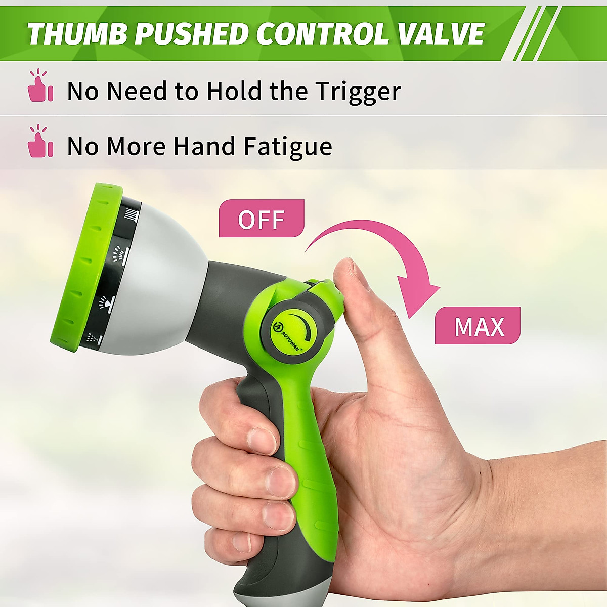 AUTOMAN Garden Hose Nozzle Sprayer - 10 Spray Patterns, Thumb Control On Off Valve, Durable Water Nozzle, Extra 4 Washers, for Watering Garden, Cleaning, Washing Car, Showering Pets Lawngreen