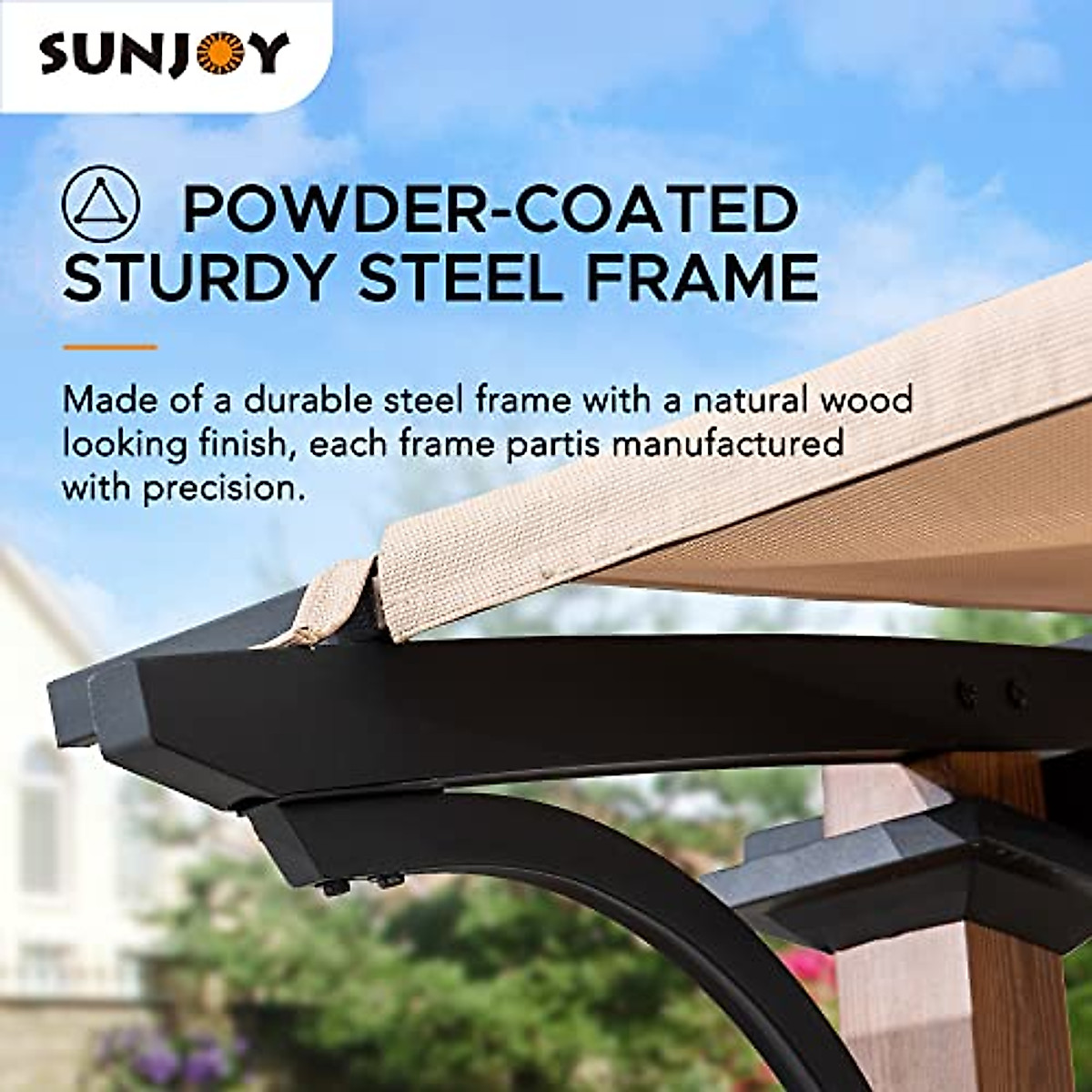 Sunjoy Outdoor Pergola 8.5 x 13 ft. Steel Arched Pergola with Tan Weather-Resistant Fabric Canopy for Patio, Backyard, Garden Activities