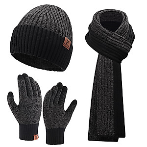 Mens & Womens Winter Knit Hat Beanie Long Neck Scarf Touchscreen Gloves Set Skull Cap with Fleece Lined Gifts for Men Women