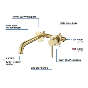 KIBI Circular Single Handle Wall Mount Faucet for Bathroom Sink with Rough-in Valve | Lavatory Faucet with Solid Brass Construction (Brushed Gold) (KBF1023)