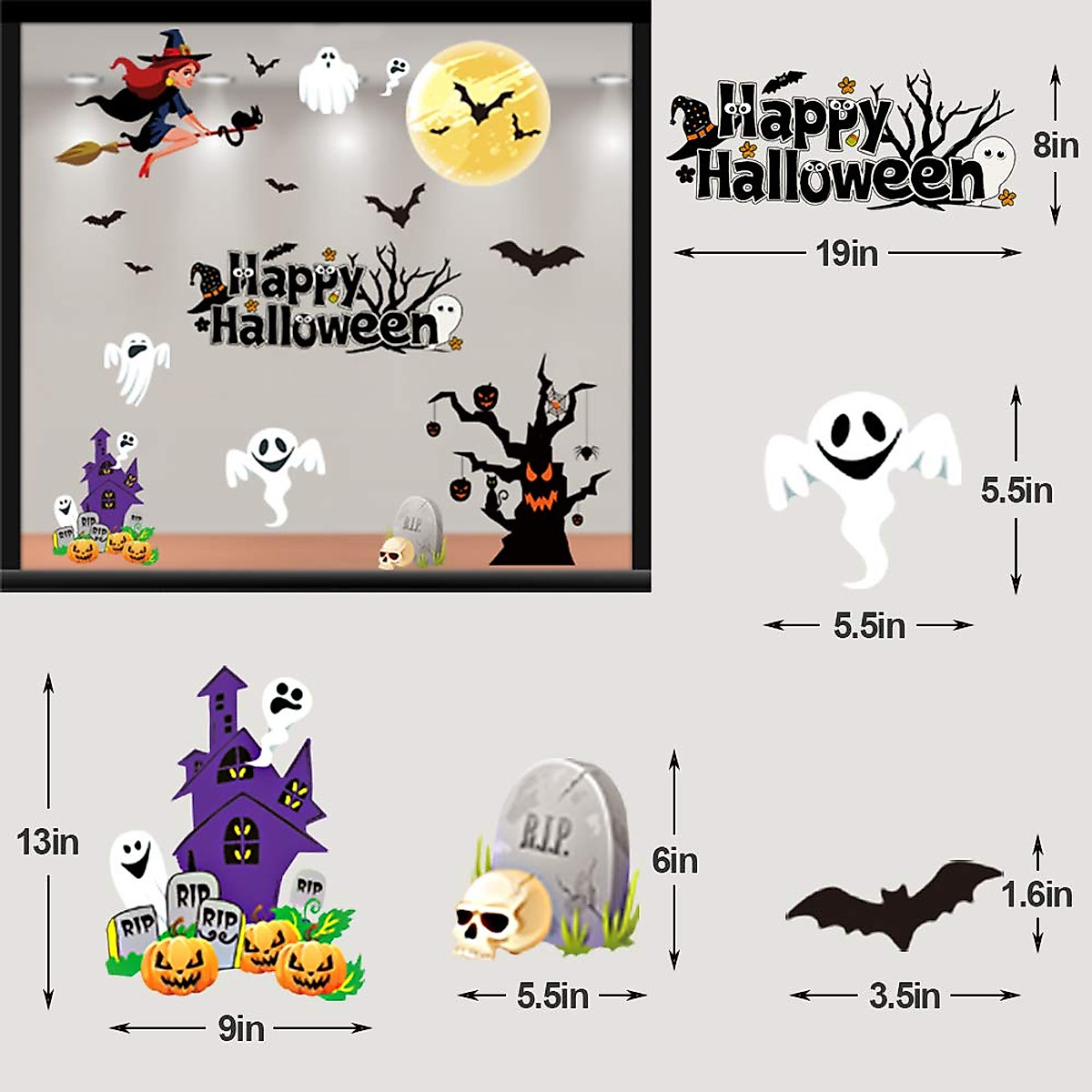 Vanleonet Halloween Window Clings Decals for Window Glass,Double-Side Spooky Removable Window Sticker for Halloween Party Decoration