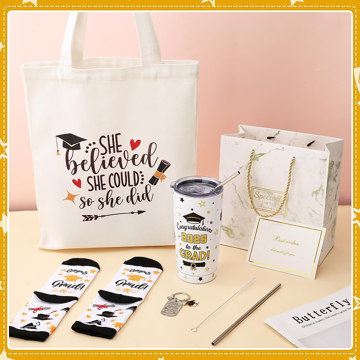 Ovveroche 2025 Graduation Gifts for Her Congrats Graduation Gift Box Steel Steel Tumbler Graduation Canvas Bag Keychains Cards Socks Gift Bag for Class of 2025 High School College Grad Gift