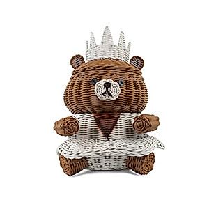 G6 COLLECTION Bear Rattan Storage Basket with Lid Decorative Bin Home Decor Hand Woven Shelf Organizer Cute Handmade Handcrafted Gift Art Decoration Artwork Wicker (Princess Bear)