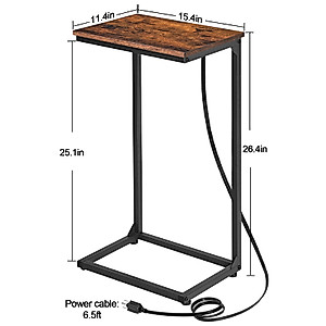 AMHANCIBLE Couch Table with Charging Station, Tv Trays Set of 2, C Shaped End Table for Sofa, C Table End Table for Living Room, Side Tables for Small Space, Bedroom, Metal Frame, Brown HET02BPBR