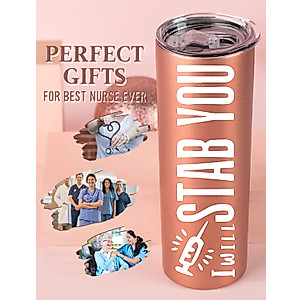 Onebttl Nurse Gifts for Women Stainless Steel Tumbler 20 oz With Lid and Straw, Gifts for Nurses for Birthday, Thanksgiving, Christmas, Nurses Week - I WILL STAB YOU - Rose Gold